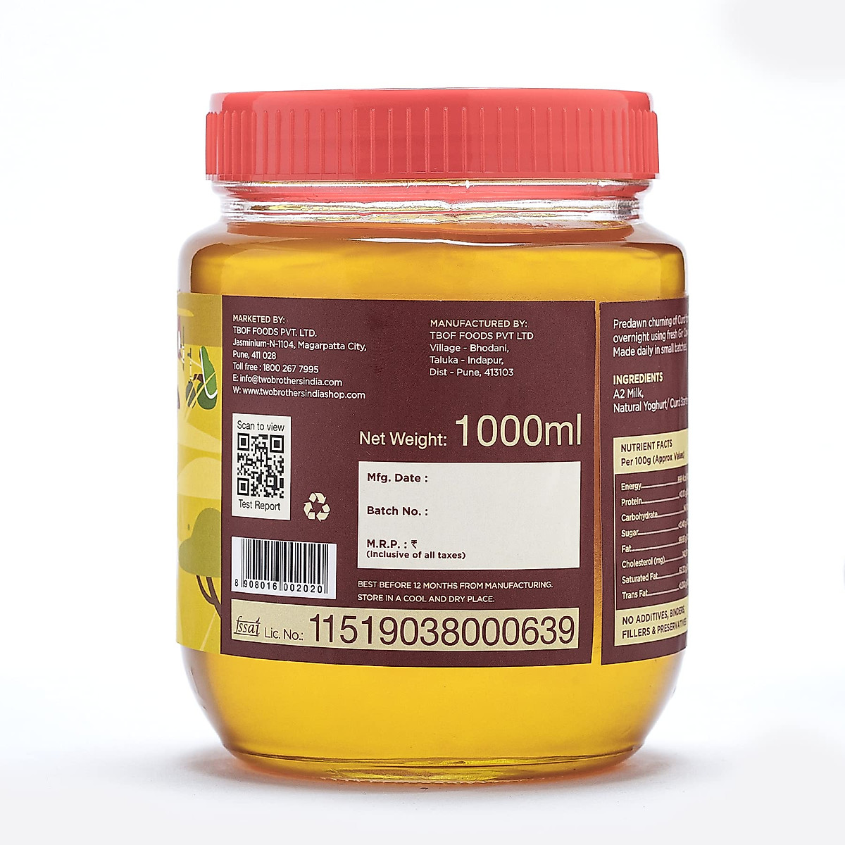 TWO BROTHERS ORGANIC FARMS Amorearth A2 Cultured Ghee, Desi Gir Cow 1000 ml