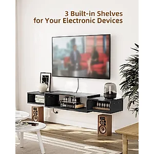 Vicodabo 55" Floating Wall TV Cabinet Stand with Power Outlet, Wall Mounted Wood Media Console, Modern Entertainment Center for Living Room,Bedroom (Black Color)