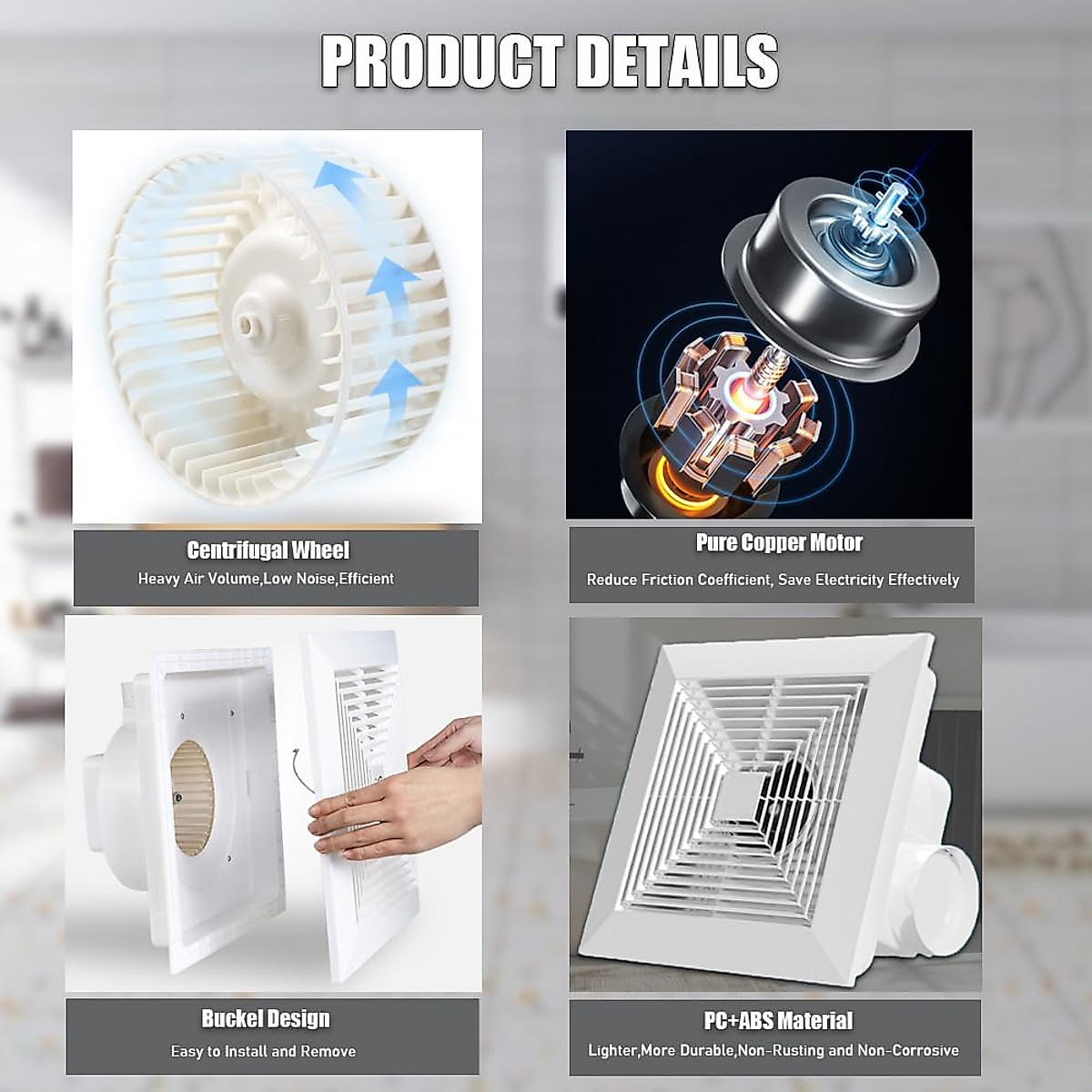 RLOZUI 8 inch Bathroom Exhaust Fan, 25W 90 CFM Bathroom Ventilation Fan Shower Ceiling Ventilation White Square Extractor Fan For Bathroom Kitchen Restroom Home Office