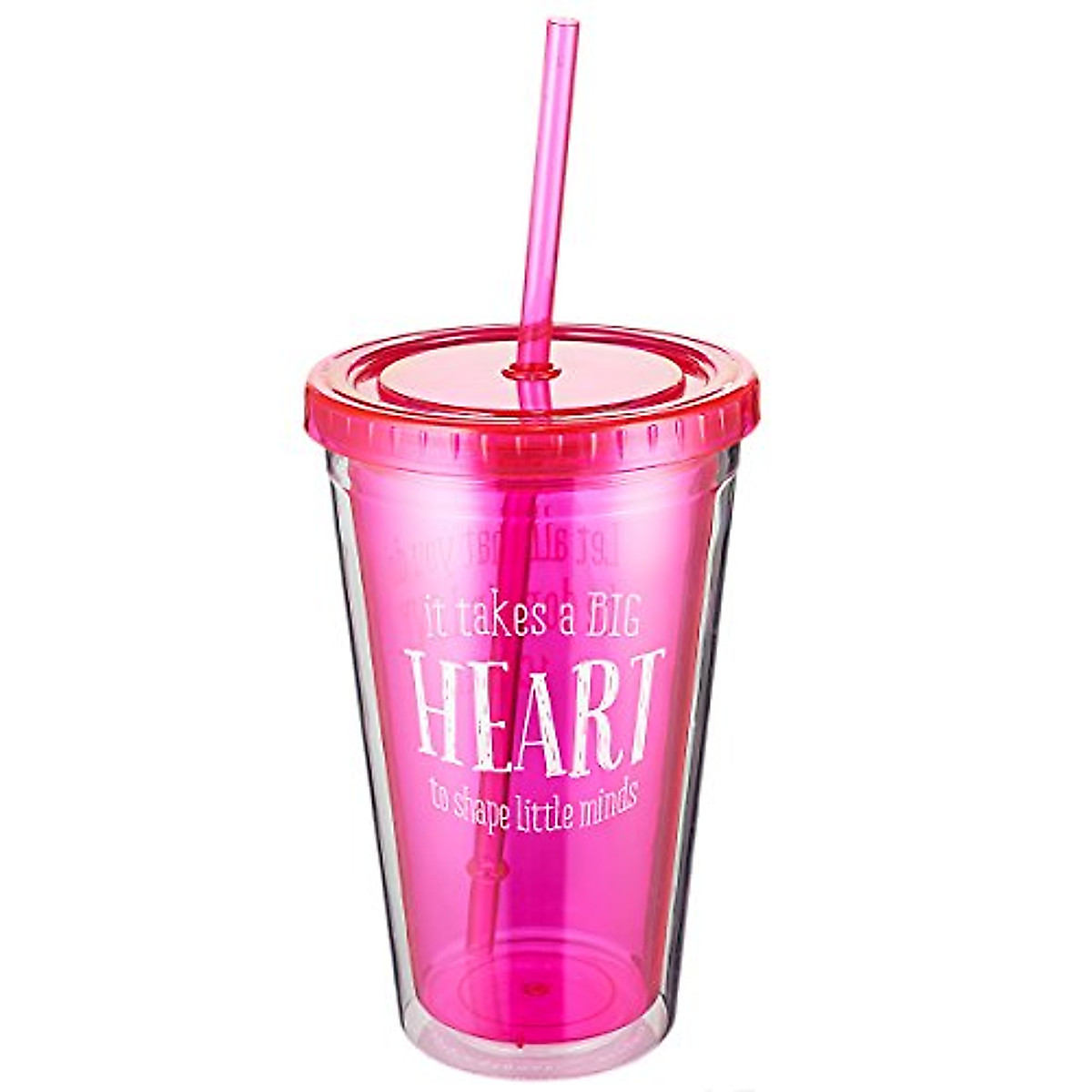 Christian Art Gifts Insulated Teacher Tumbler with Lid & Straw: It Takes a Big Heart to Shape Little Minds - Let All That You Do Be Done in Love - 1 Corinthians 16:14 Bible Verse Cup, Pink, 16 oz.