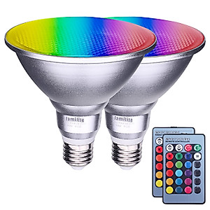 Familite PAR38 LED Floodlight Bulb, 30W Color Changing Light Bulb, Remote Controlled RGB Landscape Light, Dimmable E27 Based Waterproof Lawn Lamp for Holiday Party Courtyard Decor (2pcs)