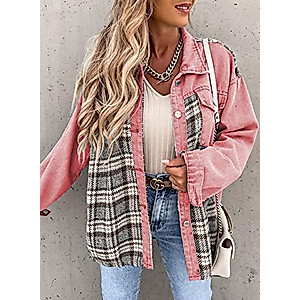 Astylish Women Plaid Boyfriend Jean Jacket Long Sleeve Button Down Oversized Plaid Denim Shacket Jackets Barbie Pink Large