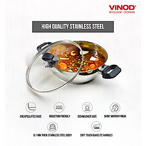 Vinod Deluxe Kadhai | Stainless Steel Wok | Tempered Glass Lid | Induction-Friendly| Sandwich Bottom | 20cm Capacity | 2 Liters(2.1 Quarts) |Multi-Use Pot| Suitable For Indian Cooking, Gravy, Stews