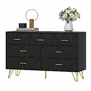 RESOM 7 Drawers Dresser for Bedroom, Black Dresser with Golden Legs & Handles, Wooden Chest of Drawer, Modern Dresser for Living Room, Hallway