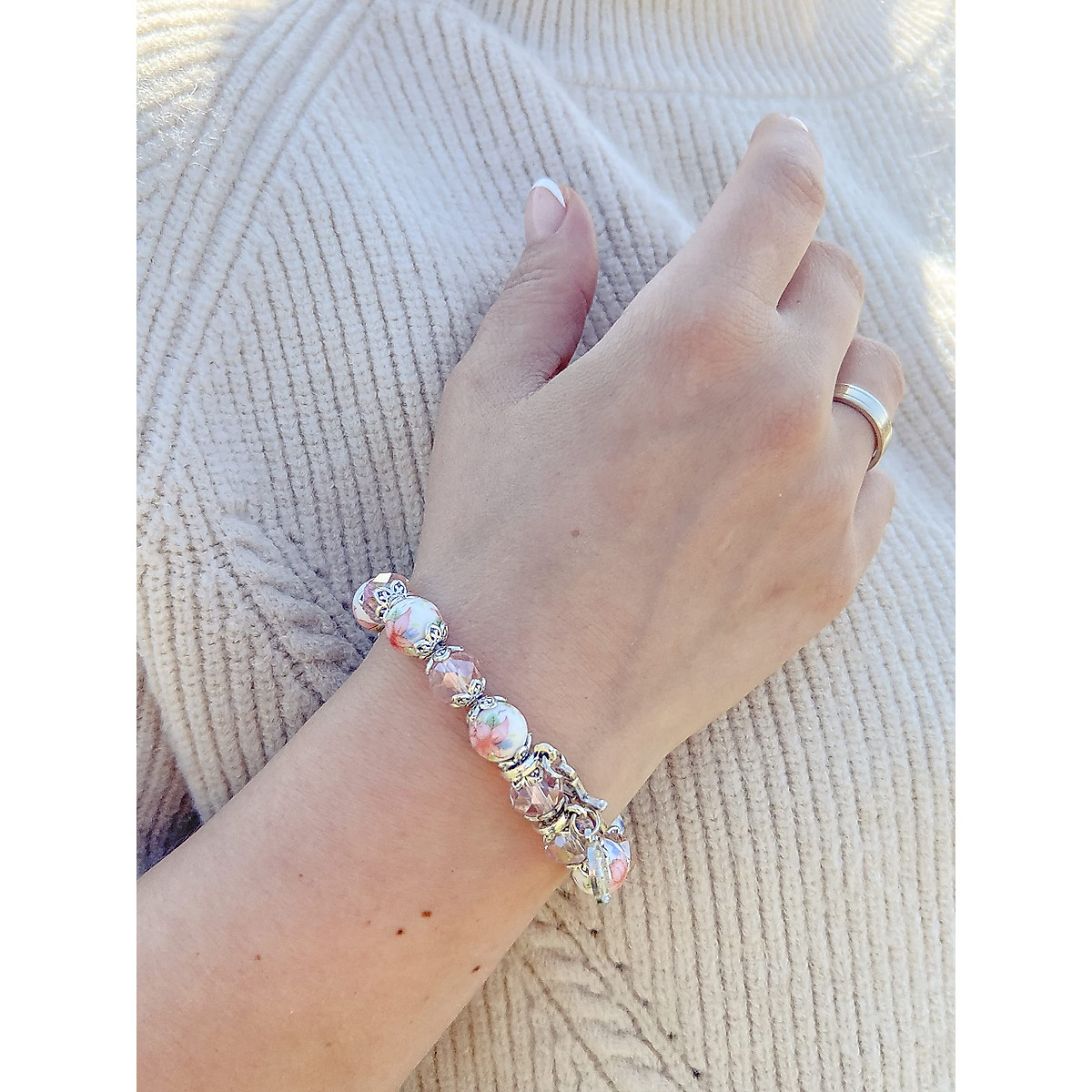 Nazareth Store Religious Cross Bracelet Pink Crystal Beaded Stretch Rosary Bracelet with Ceramic Flowers Beads Bangle Crucifix & Miraculous Medal Charm