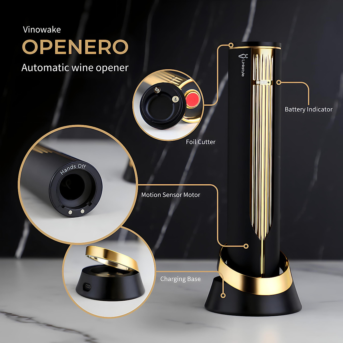 OPENERO Electric Wine Opener — Luxurious Automatic Wine Corkscrew Electric with Charging Base and Steel Foil Cutter, Wine Gifts For Women Men (Gold)