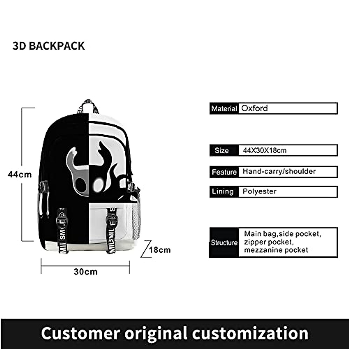 WZSMHFT Hollow Knight Merch Backpack Adjustable Strap Backpack Game Three piece Travel Backpack (Backpack1)