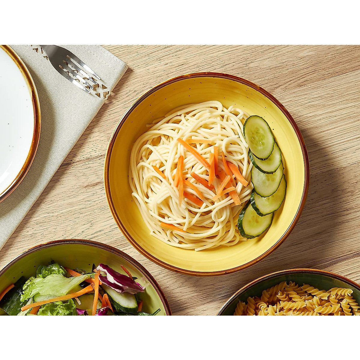 ONEMORE 10.5 inch Dinner Plates and 30 oz Pasta Bowls Bundle - Microwave, Oven and Dishwasher Safe - Yellow