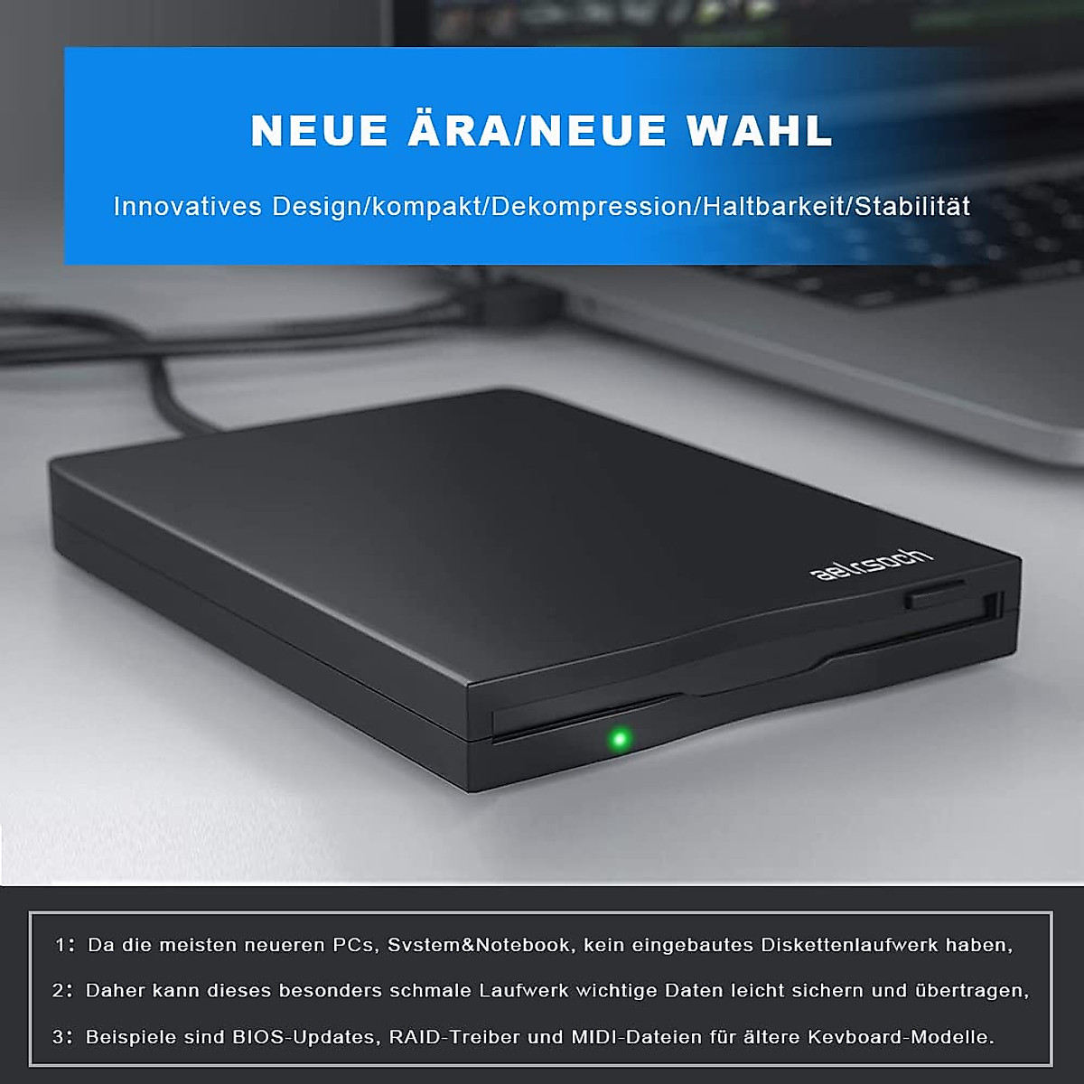 aelrsoch Floppy Disk Reader External Drive USB 3.5-inch USB External Floppy Drive 1.44 MB FDD Portable Floppy Disk Suitable for PC Windows 2000/7/8, Plug and Play