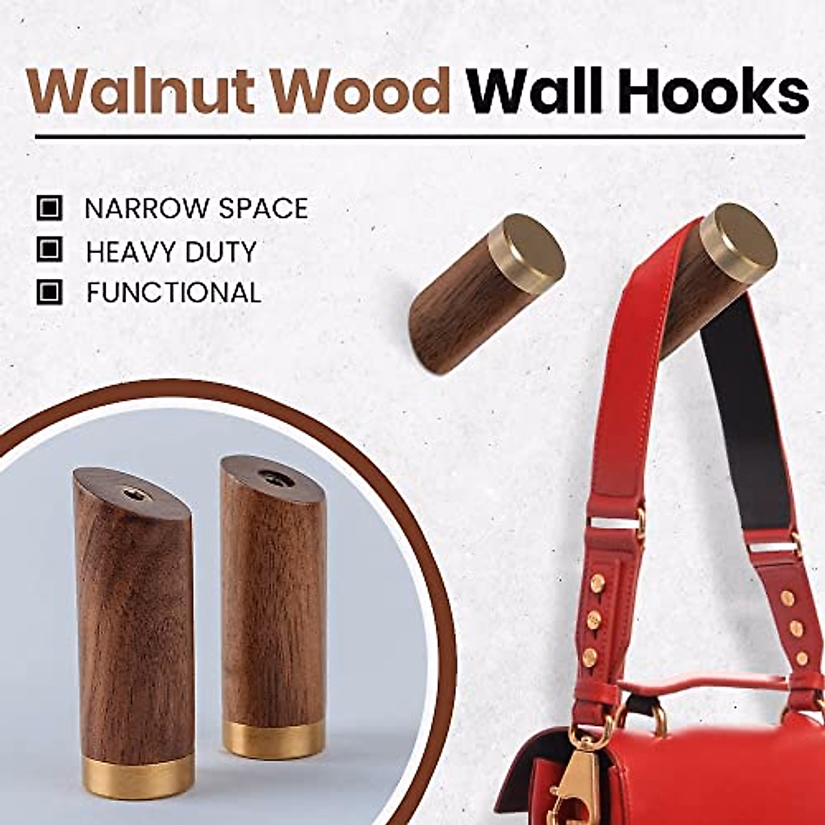 Pillarr Wooden Wall Hooks with Brass Cap and Mounting Hardware - Angled Wood Wall Hooks Set of 2 Wooden Pegs for Hanging - Decorative Hooks for Hat, Bag, Coat, Towel