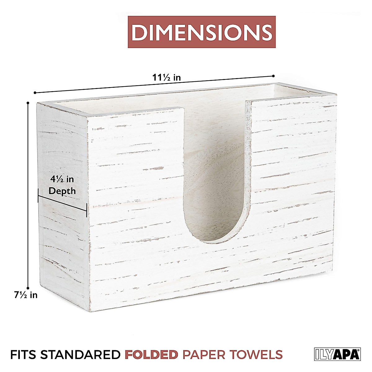 Ilyapa Wood Paper Towel Dispenser - Rustic Farmhouse White Wooden Multifold Hand Towel Holder