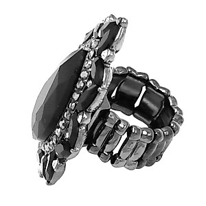 Rosemarie & Jubalee Women's Stunning Statement Teardrop Glass Crystal Stretch Cocktail Ring (Jet Black Hematite Tone)