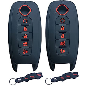 RUNZUIE 2Pcs Silicone Smart Remote Key Fob Compatible with 2024 2023 Nissan Rogue Pathfinder Key Fob Cover 5 Buttons (Black with Red)