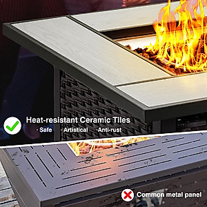 ovios 6 Pieces Patio Furniture Set with 30" Fire Pit Table, Outdoor Wicker Sofa with Ottomans, Comfy Cushions, High Back Couch Conversation Set, Brown Rattan, Orange Red