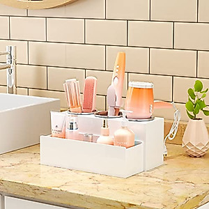 NIUBEE Hair Tool Organizer, Acrylic Hair Dryer and Styling Holder, Bathroom Countertop Blow Dryer Organizer, Vanity Storage Stand for Accessories, Makeup, Toiletries (White)