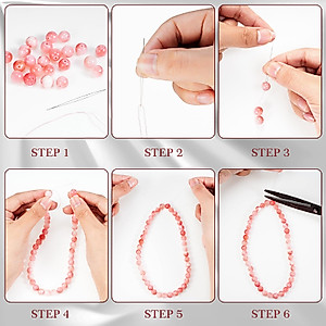 Ecally Natural Gemstone Beads for Jewelry Making, Pink Crystals Marbles Kit,8 mm Marble Beads,45 PCS Round Beads, Crystal Beads for Bracelets Making Bead Cord Needles, Adult (Pink White)
