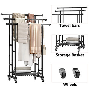 SORCEDAS Towel Rack 3 Tier Free Standing Metal Towel Stand with Storage Basket and Wheel for Extra Large Towel Blanket Drying Bath Towels Bathroom (Black)