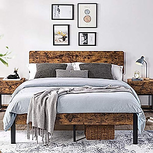 Yaheetech Metal Platform Bed Frame Queen with Wood Headboard and Iron Slats, Rustic Country Bed Base with Mattress Foundation/Strong Slats Support/12 Inch Underbed Storage/No Box Spring Needed, Brown