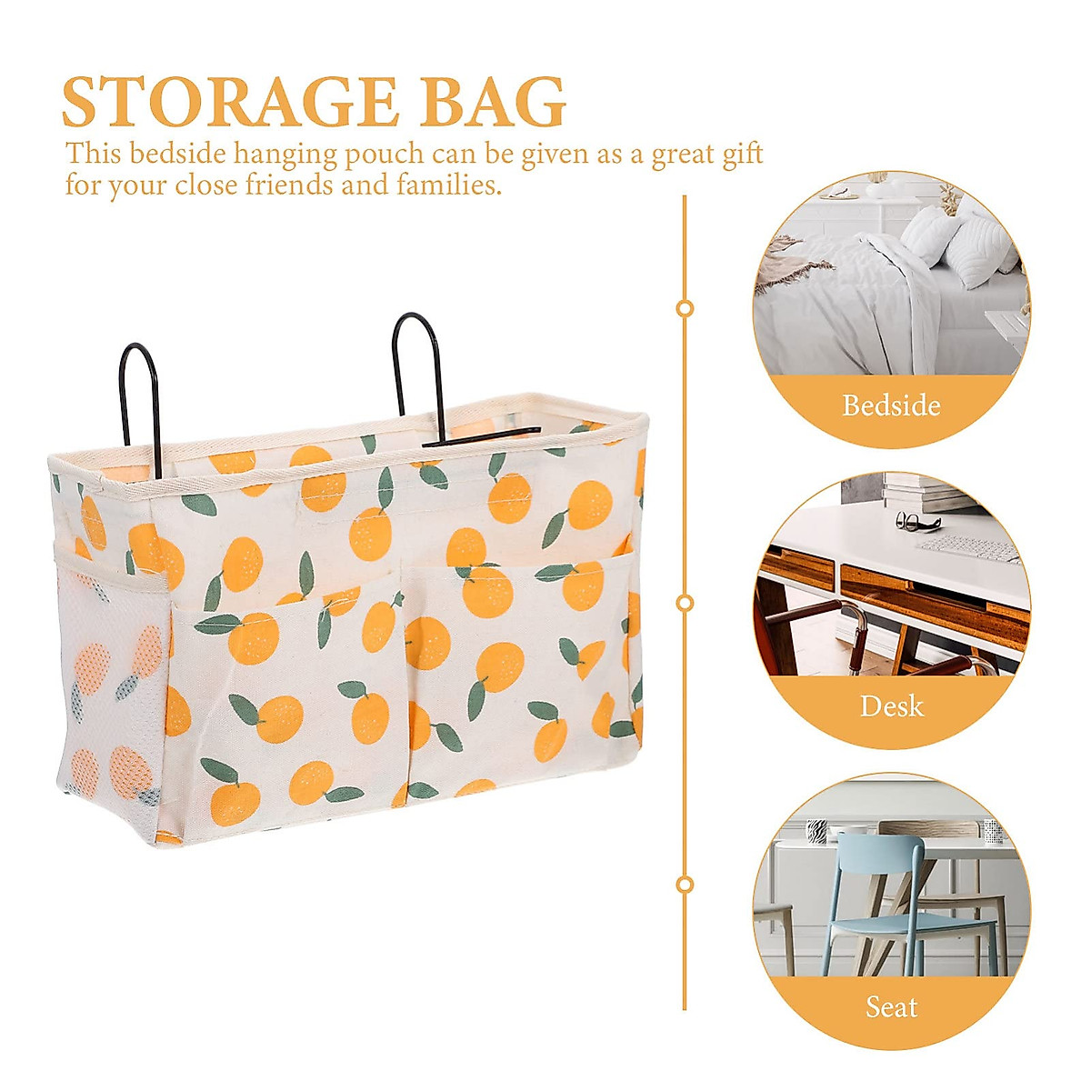 ARTIBETTER Fruit Hanging Basket Orange Bedside Cotton Linen Hanging Storage Bag Bed Storage Pocket Organizer Pouch Diaper Stacker for Bed Crib Craddle Baby Clothes Organizer Storage Bed Frame