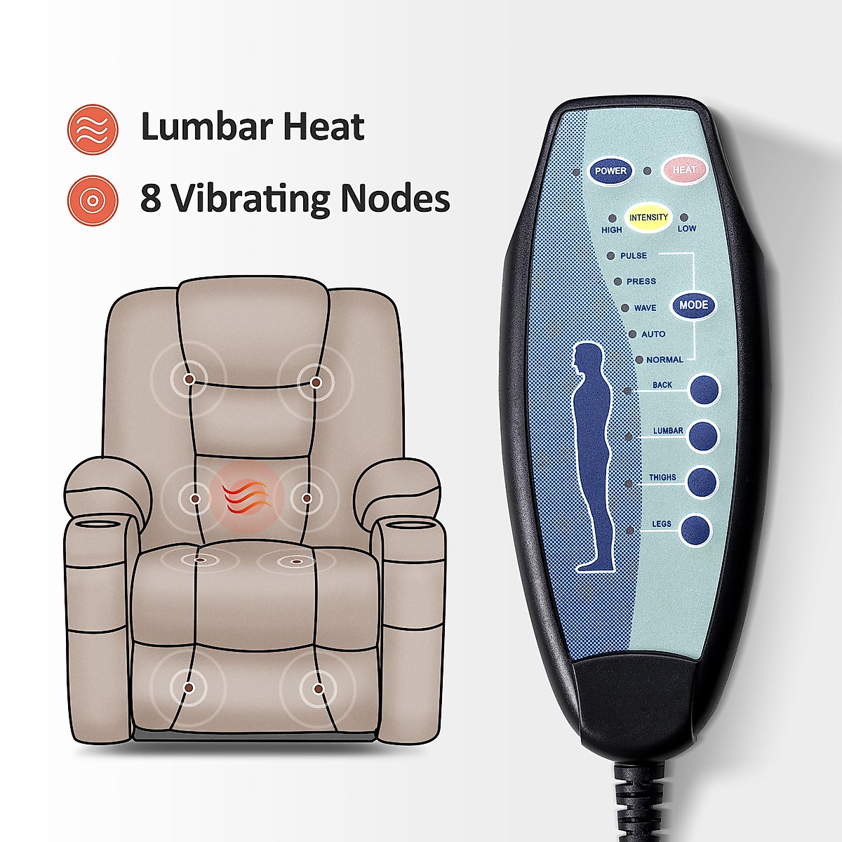 MCombo Large Power Lift Recliner Chair Sofa with Massage and Heat for Big and Tall Elderly People, 3 Positions, Cup Holders, and USB Ports, Fabric 7549 (Large, Burgundy)