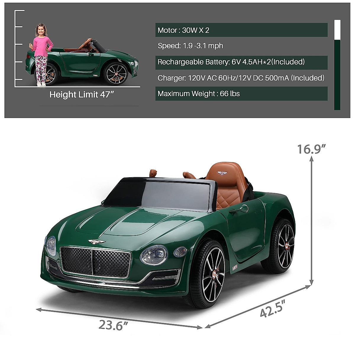Tobbi 12V Licensed Bentley Electric Kids Ride On Racer Cars Toy Battery Powered Vehicle with Remote Control 3 Speeds MP3 USB in Blackish Green