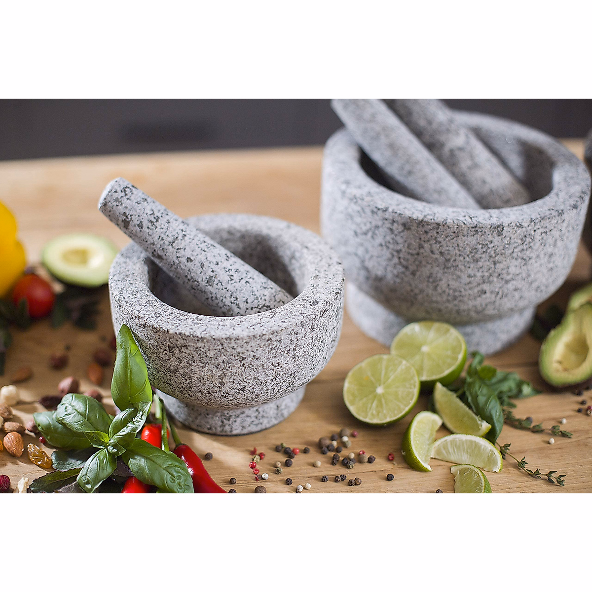 ChefSofi Mortar and Pestle Sets - The Standard 6 inch 2 Cup and The EXTRA Large 8 inch 5 Cup Capacity - Unpolished Heavy Granite for Enhanced Performance and Organic Appearance