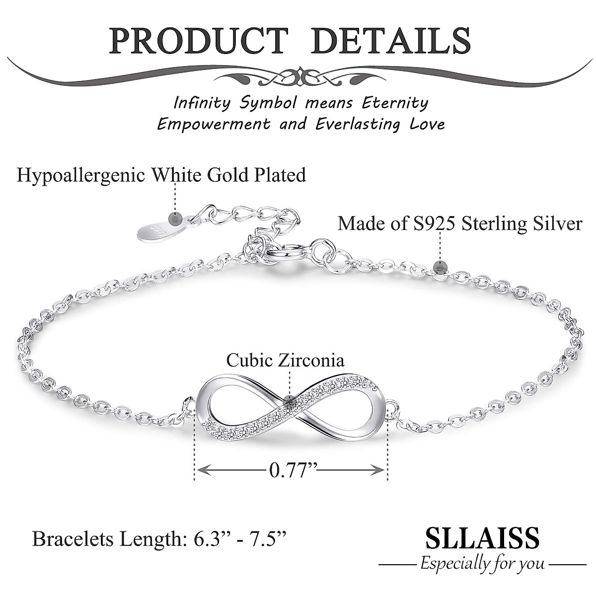 Sllaiss 925 Sterling Silver Infinity Love Bracelet for Women Infinity Endless Love Symbol Charm Adjustable Bracelet White Gold Plated