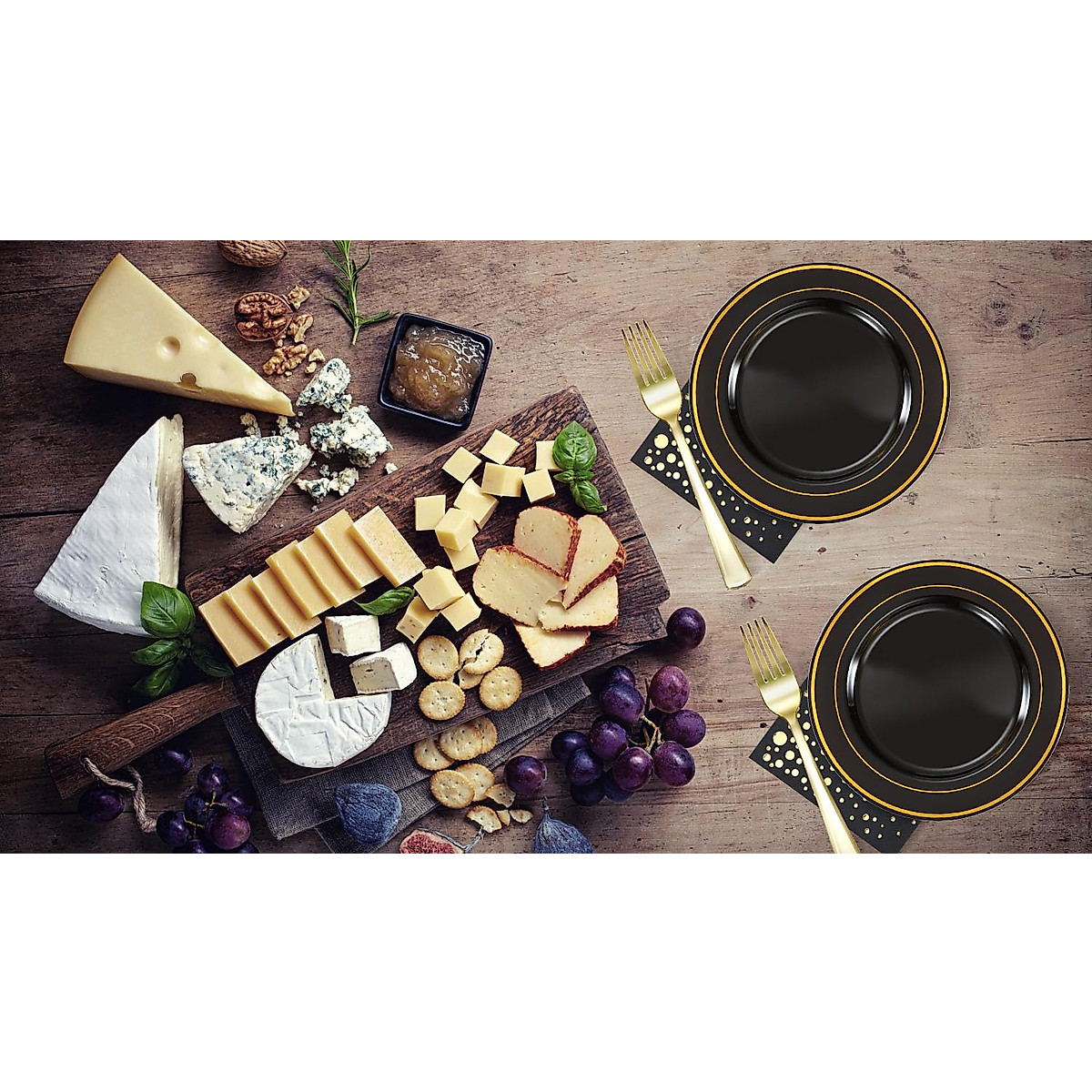 Stylish 7.5 Inch Gold and Black Cake Plates with Disposable Forks and Cocktail Napkins (100 Set of Each) - Small Appetizer Plates, Disposable Cake Plates or Salad Plate - Black Plastic Dessert Plates