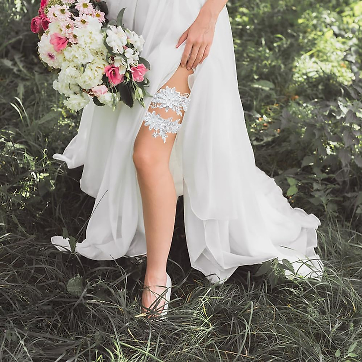 2 Pieces Lace Wedding Garter Set White Flower Lace Fabric Garter Belt Elastic Leg Garter with Flower Bridal Accessories for Women and Girls(Flower)