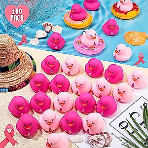 Libima 100 Pcs Mental Health Gifts Ribbon Rubber Duck Leukemia Awareness Products Health Awareness Gifts Small Rubber Ducky for Cancer Health Disease Event Public Charity Supplies (Pink, Rose Red)