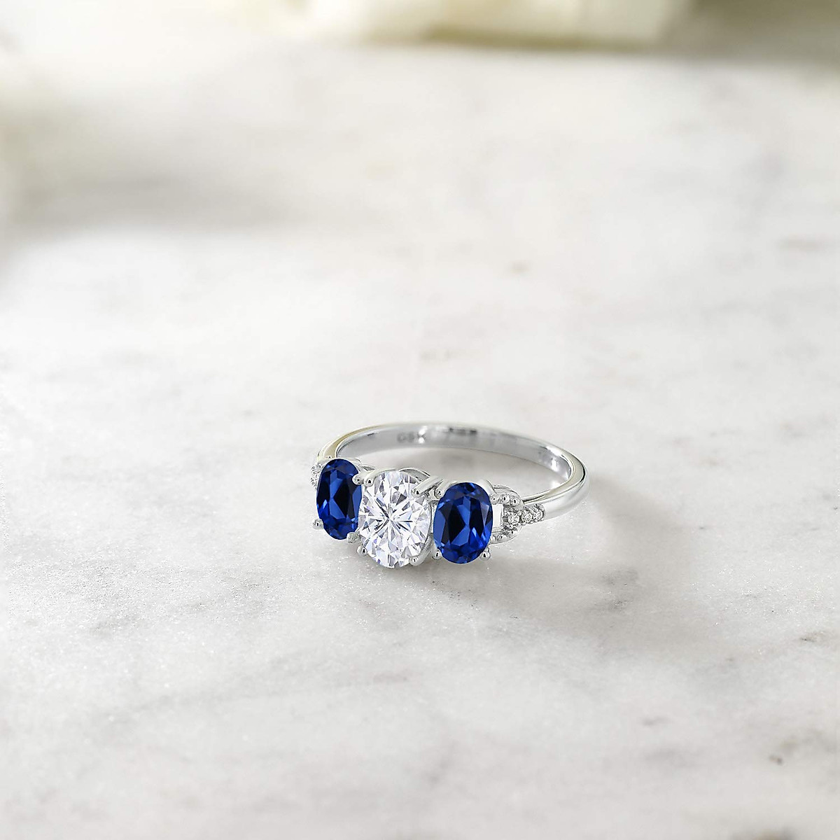 10K White Gold Created Sapphire Moissanite from Charles & Colvard and Diamond 3 Stone Women Engagement Ring (2.12 Cttw, Available In Size 5, 6, 7, 8, 9)
