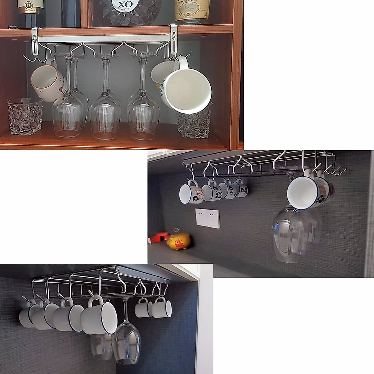 Coffee Mug Holder & Adjustable Wine Glasses Rack Under Cabinet Stemware Rack ，304 Stainless Steel Stemware Rack， Nail Free Wine Glass Holder Glasses Storage Hanger Organizer for Bar Kitchen