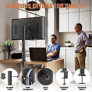 Hemudu Single Tall Desk Monitor Arm Mount Stand Fit for 27 inch to 43 inch Flat Curved Computer Screen with Swivel, Height Adjustable, Rotation,Holds up to 77lbs, Black