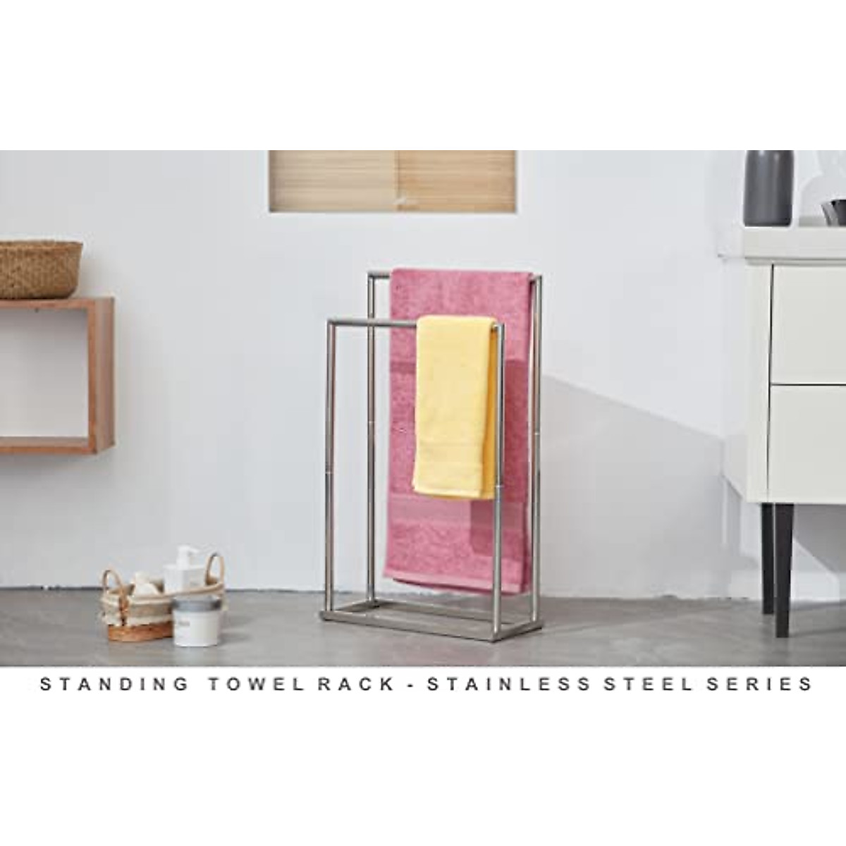 Free Standing Towel Racks for Bathroom, 2 Tier Stainless Steel Indoor Outdoor Floor Towel Rack for Hand Towel Holder Storage and Organization Modern Blanket Rack, Polished Chrome, DECLUTTR