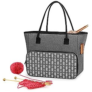 YARWO Knitting Crochet Bag, Yarn Storage Tote Bag for WIP Projects, Yarn Skeins, Crochet Hooks and Knitting Needles, Gray with Arrow (Bag Only, Patent Pending)