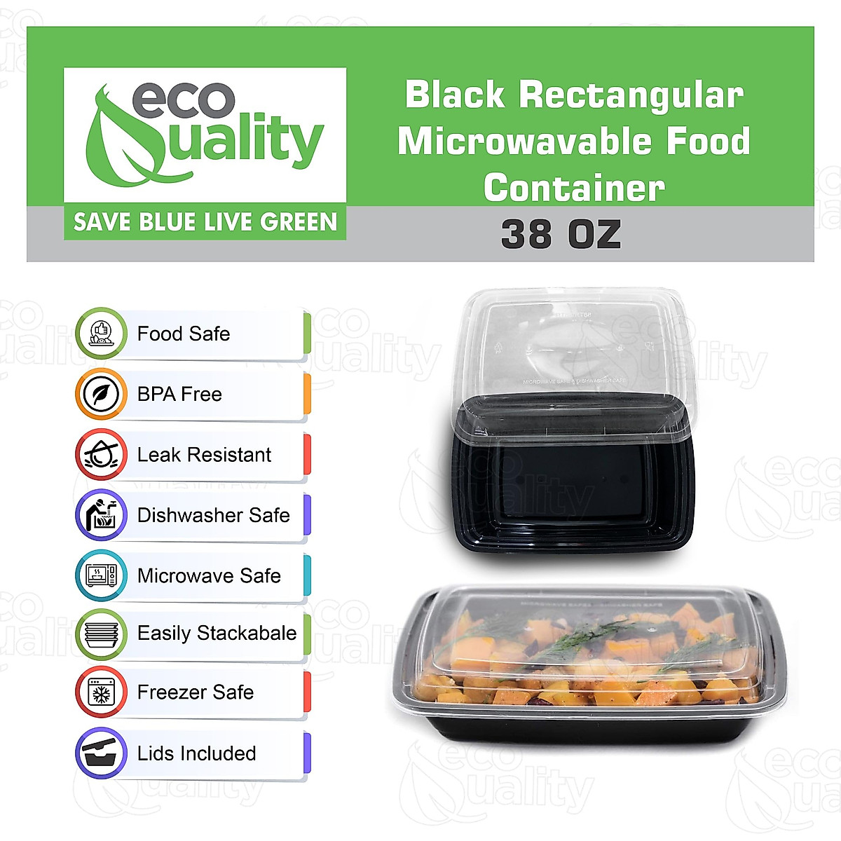 EcoQuality 38 oz Reusable Food Storage 25 Pack Containers with Lids Rectangular BPA Free Freezer, Microwave & Dishwasher Safe – Airtight & Watertight Stackable, Lunch Meal Prep, To-Go, Bento Box