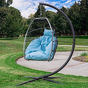 Barton Premium Egg Chair Egg Style Hanging Chair Blue w/Deep Cushion Soft Relaxing Luxury Outdoor Indoor Patio Bedroom Hanging Swinging