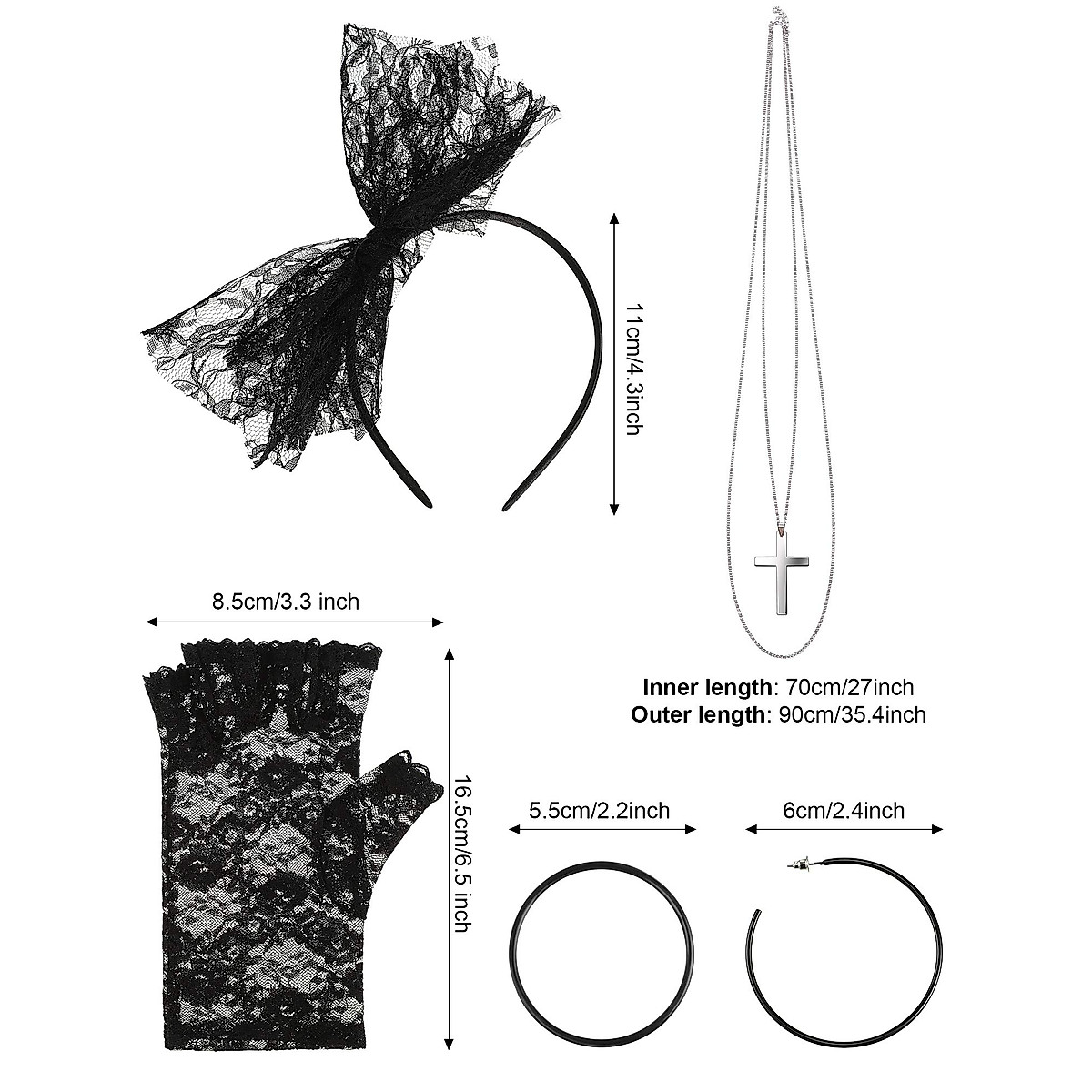 Blulu 80s Fancy Dress Costume Accessories Lace Headband Earrings Fishnet Gloves Necklace Bracelet for 80s Retro Party (Black)