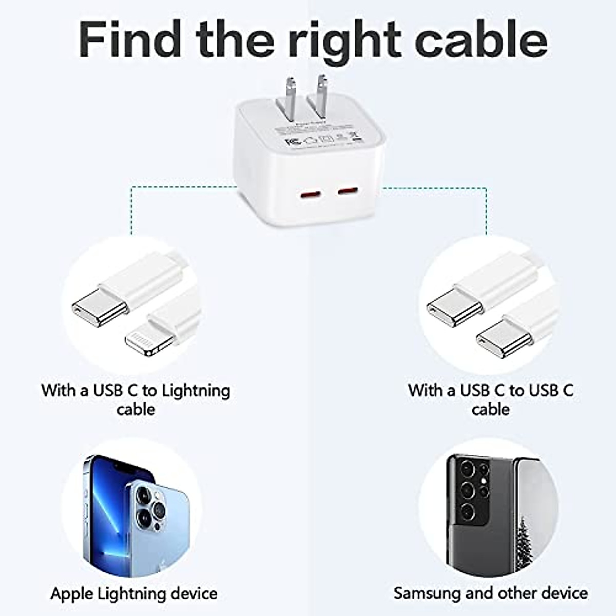 [Apple MFi Certified] iPhone Fast Charger, 35W Dual USB-C Power Adapter PD 3.0 Foldable Wall Charger with 6FT USB-C to Lighitning Cable for iPhone/iPad/AirPod,USB-C to C Cable for Samsung/Huawei/Pixel