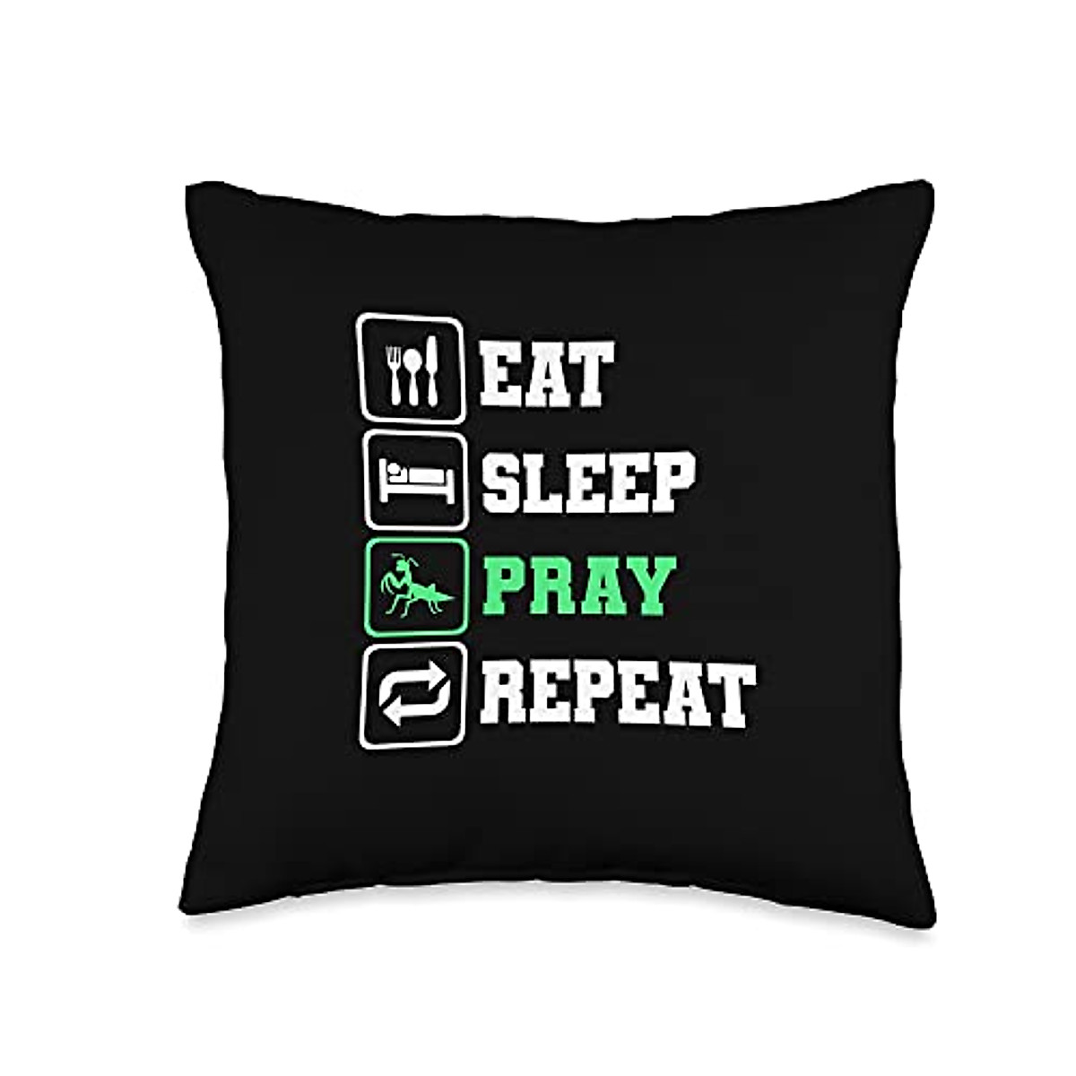 Praying Mantis Gifts & Accessories Mantis Insect Entomology-Eat Sleep Pray Repeat Throw Pillow, 16x16, Multicolor