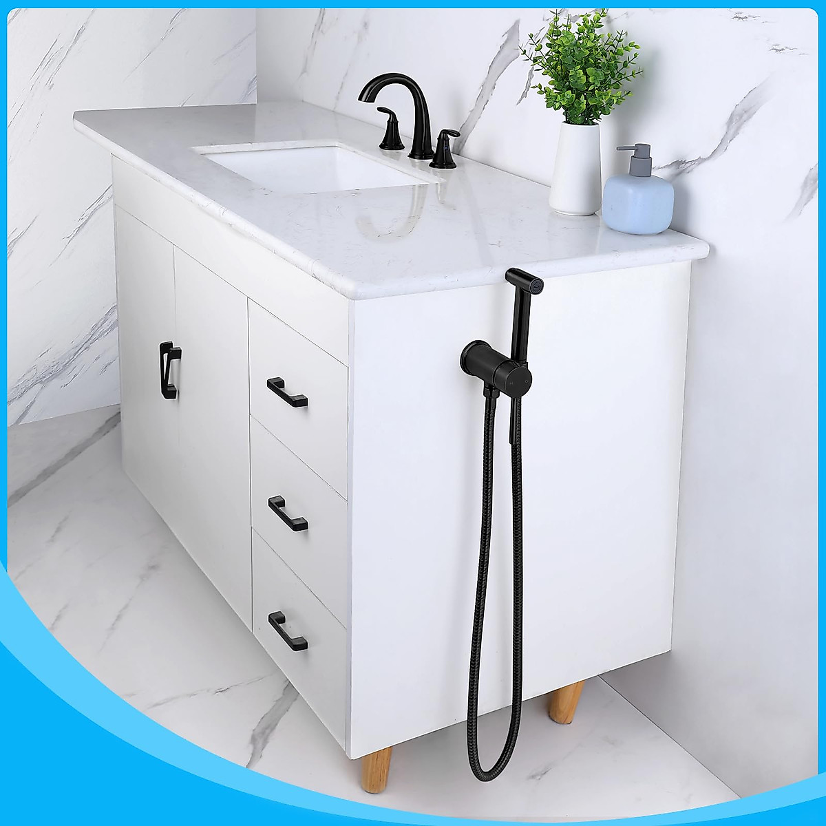 KWOCI Matte Black Handheld Bidet Sprayer for Toilet Warm Water Mounted on the Bathroom Vanity，Stainless Steel Hot and Cold Bidet Sprayer with Brass Mixing Valve for Feminine Hygiene、 Pet shower