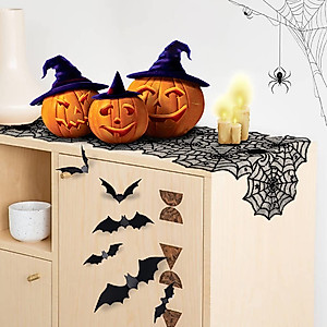 Nialnant Halloween Decoration Table Runner with 12 Pack 3D Bats, Spider Web Black Lace Table Runner for Kitchen Dinner Table, Halloween Party Decoration Indoor - 13 x 72 Inch