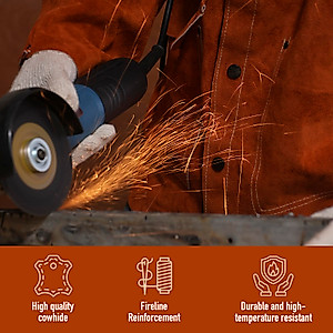 QeeLink Leather Welding Jacket - Flame-Resistant Heavy Duty Work Welder Jackets - Split Cowhide Welding Coat for Men Women (Large)