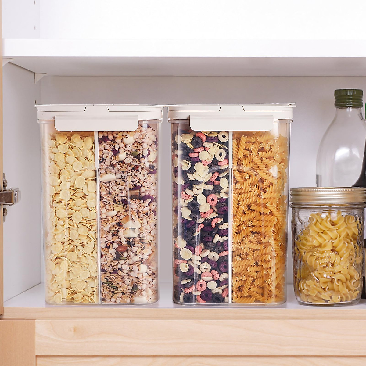 ZENFUN 2 Packs Airtight Pasta Containers, 108 FL OZ Plastic Storage Jars Canisters with 4 Compartments, Cereal Spaghetti Container Storage for Pantry, Grain, Noodles, Beans