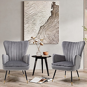 FurniutreR Accent, Modern and Elegant Armchair, Velvet Fabric Metal Black Gold Legs and High Back for Living Bedroom Office Waiting Room Leisure Chair, Grey