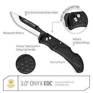 OUTDOOR EDGE 3.0" Onyx EDC - Replaceable Blade Folding Pocket Knife with Dual Thumb Opener and Pocket Clip with 3 Blades