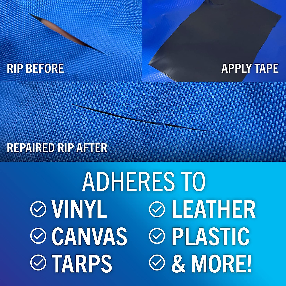 Repair Tape for Fabric Boat Covers, Canvas Tents, Pop-Up Campers, RV Awnings, Tarps, Canopies, Bimini Tops, Sails, Air Mattress Patch Kit, 30ft x 3" Black Heavy-Duty Waterproof Vinyl