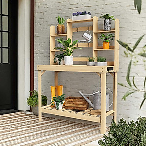 Highpro Outdoors Potting Benches Table, Garden Work Table Outside, Wooden Workstation Table with Storage Shelf
