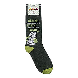 FUNATIC Aliens Probably Ride Past Earth And Lock Their Doors Novelty Crew Socks Men Women Adult Teen | Funny UFO Gift Idea with Saying | Best Unisex Party Day Present for Extra-Terrestrial Believers