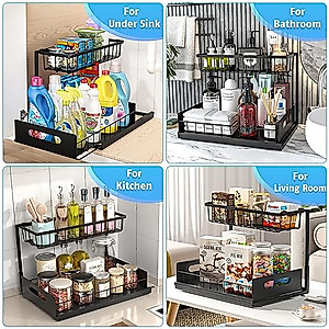 EastShark Fully Metal Under Sink Organizers and Storage with Sliding Drawer Bottom, 2 Tier L Shaped Sturdy & Heavy-Duty Kitchen Bathroom Cabinets Shelves, Pull Out Cabinet Organizer